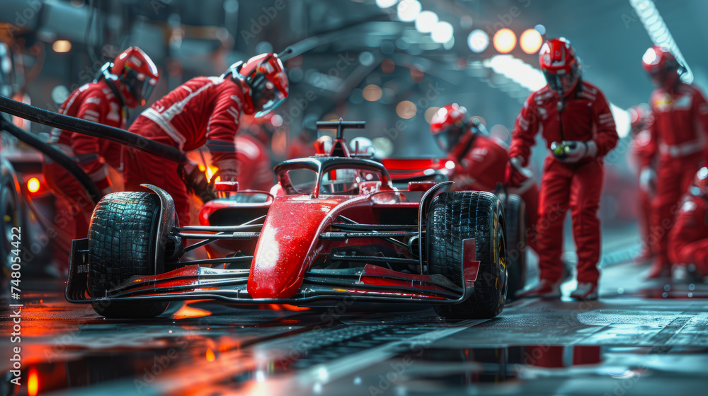 A Formula One pit crew in vibrant red uniforms rapidly converges to inspect and service a racing ...