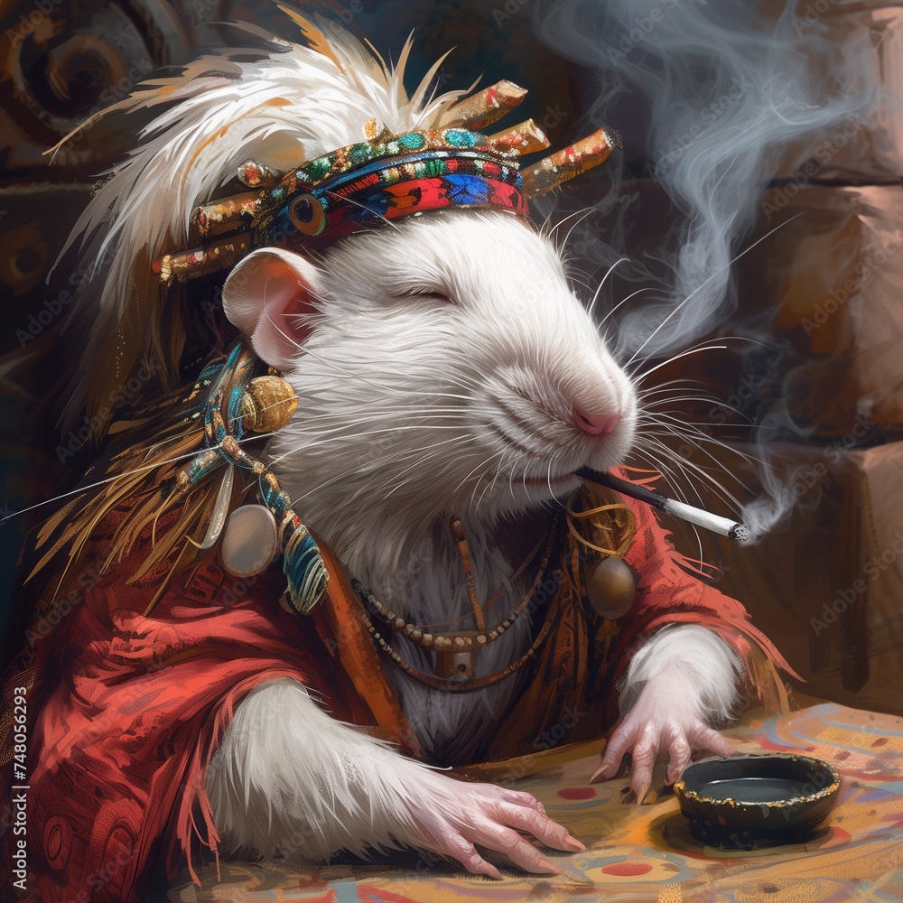 Rat in a feathered headdress is smoking a little cigarette, inventive ...