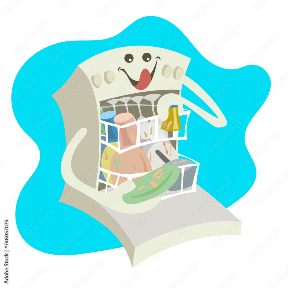 Cartoon illustration of a dishwasher loading dirty dishes into itself ...