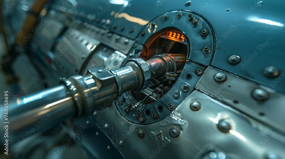 The process of refueling an aircraft on the tarmac, with the fuel hose ...