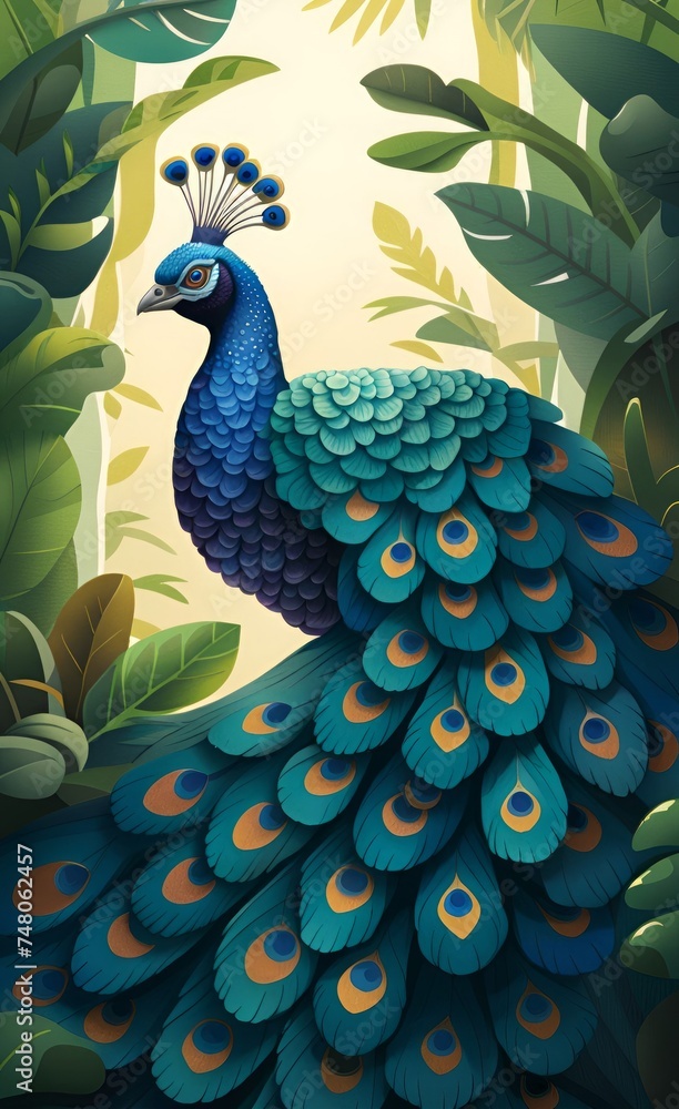Graphic illustration of a peacocks and leaves. Design for interior ...