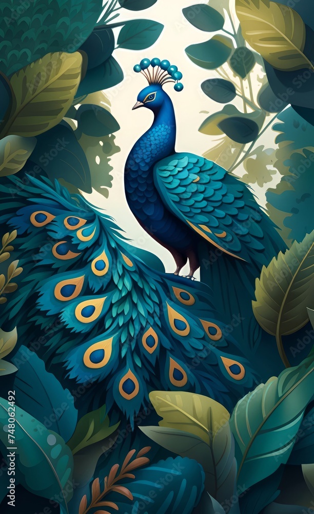 Graphic illustration of a peacocks and leaves. Design for interior ...
