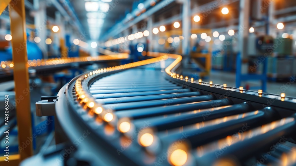 Close-up of a conveyor belt system with rollers in a manufacturing ...