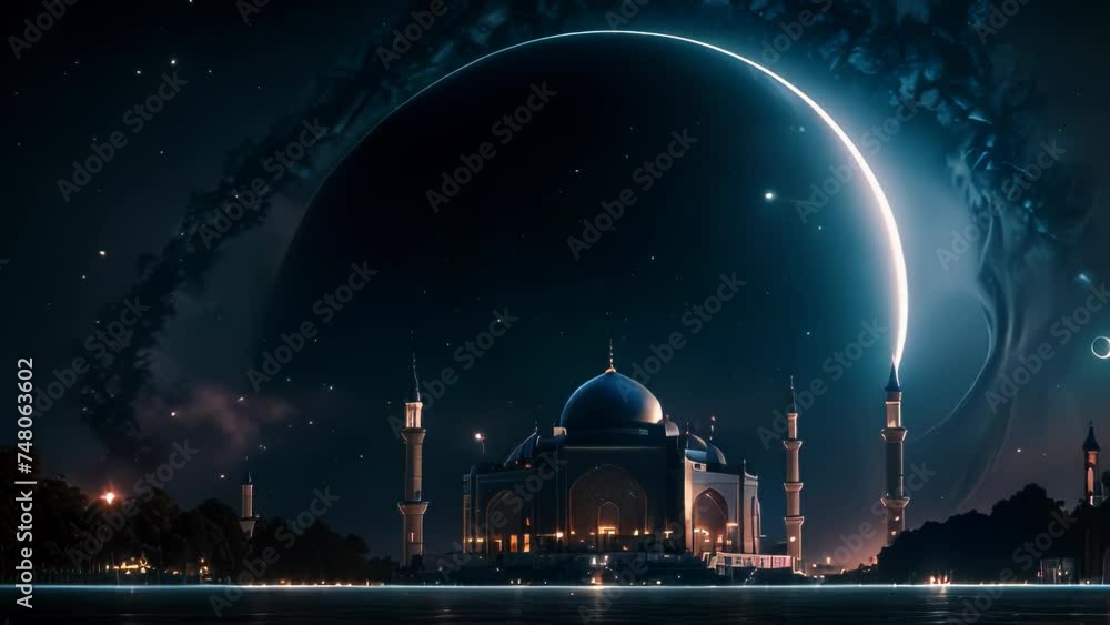 Ramadan mosque video animation, majestic mosque illuminated under the ...