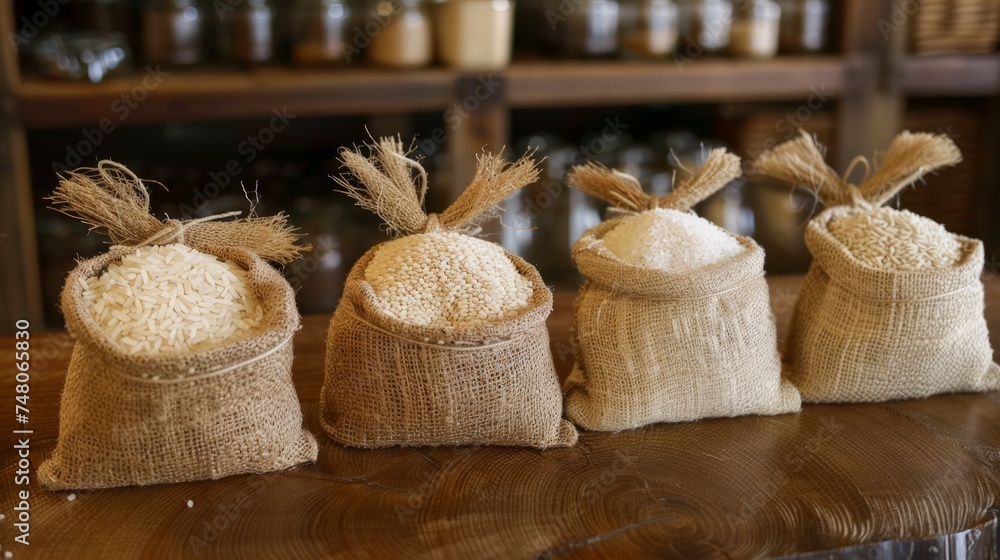 Five difference types of rice in small hemp sacks. Stock Illustration ...