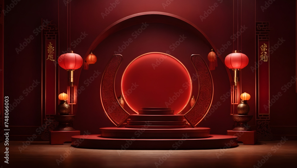 red dragon year podium with gentle luxurious lighting 3d shape product ...