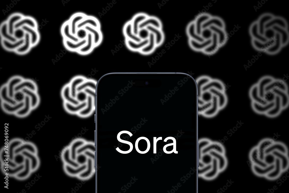 Sora Logo is displayed on a modern smartphone, black background with ...