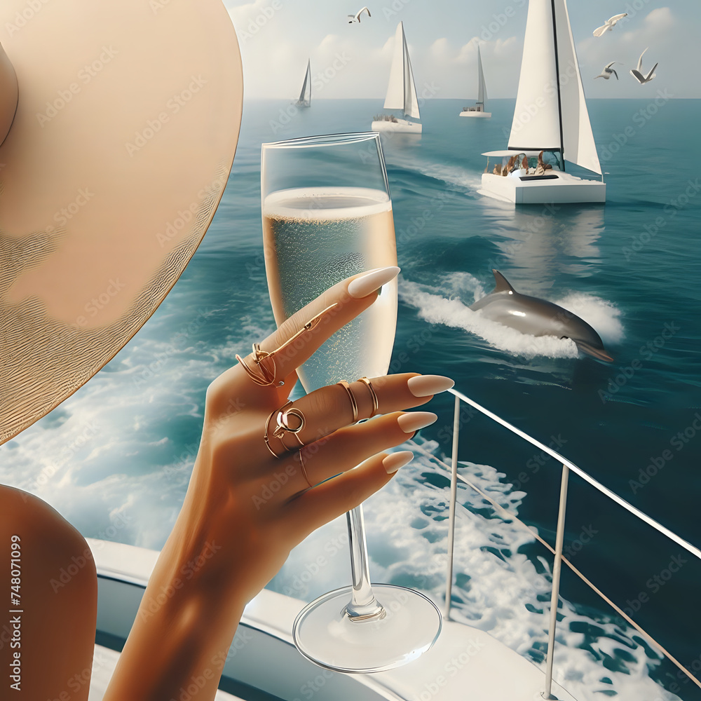 Beautiful sea vacation, romantic summer at sea cruise one glass of wine ...