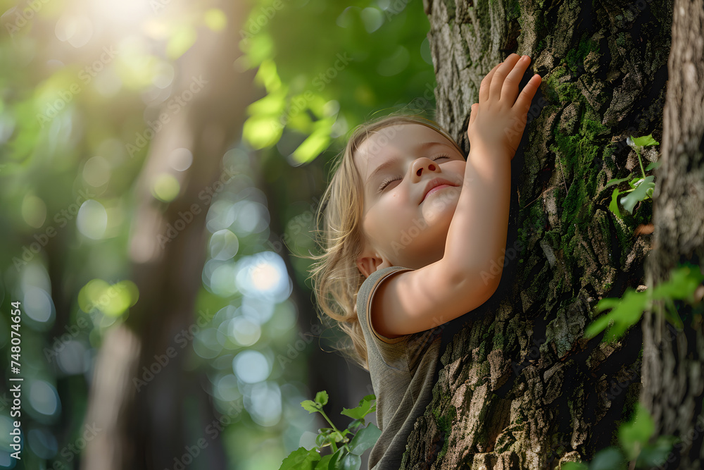 Net zero and carbon neutral concept. Child hugging a tree in the ...