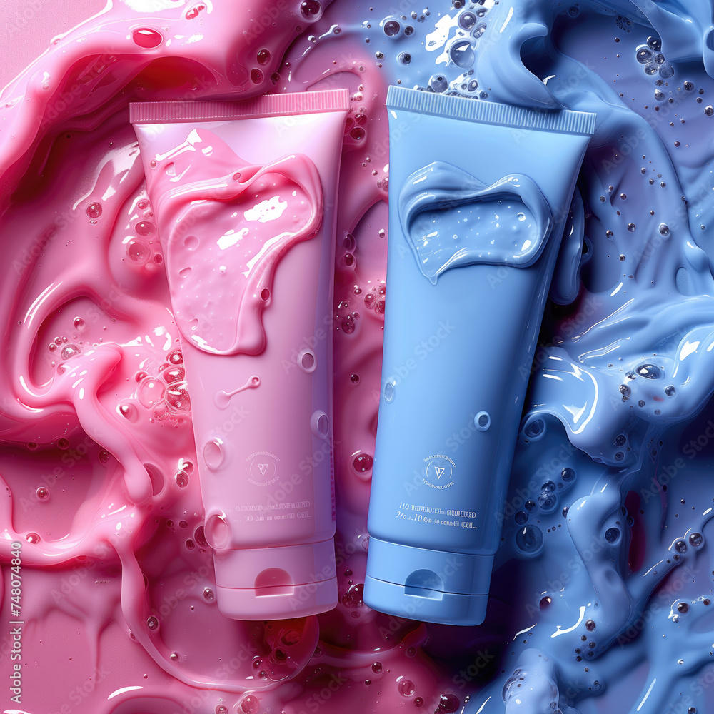 Jars and tubes of cosmetic products on a pink and blue background ...