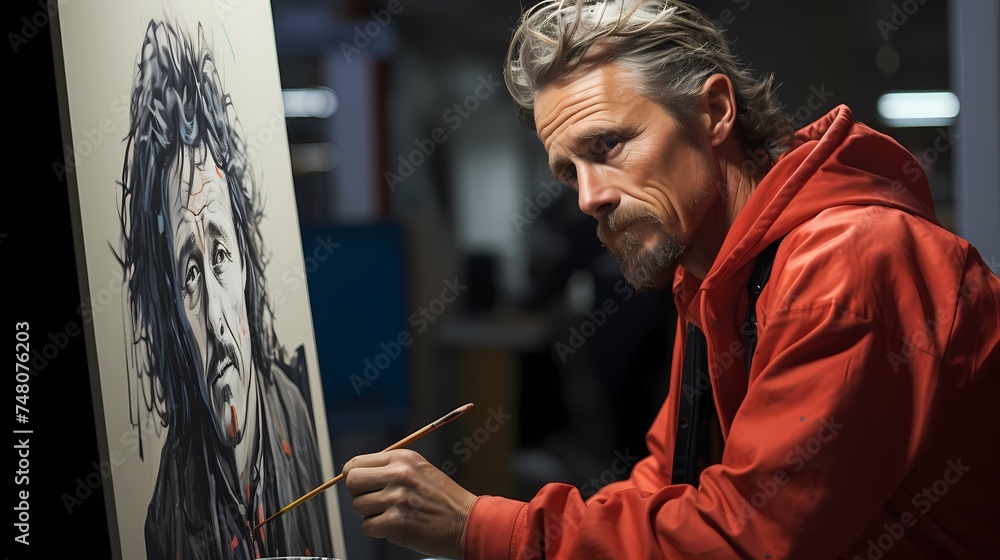 An artist sketching a detailed portrait of a person on a whiteboard ...