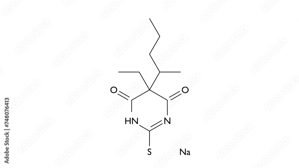 sodium thiopental molecule, structural chemical formula, ball-and-stick ...