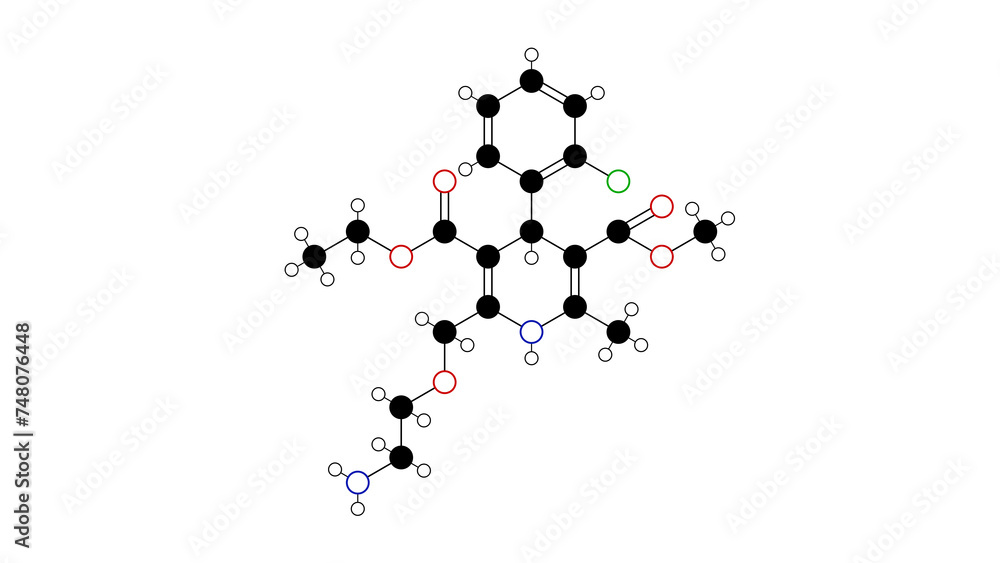 amlodipine molecule, structural chemical formula, ball-and-stick model ...