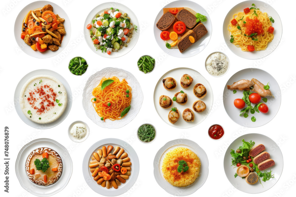 various plates of food isolated on white background, top view Stock ...