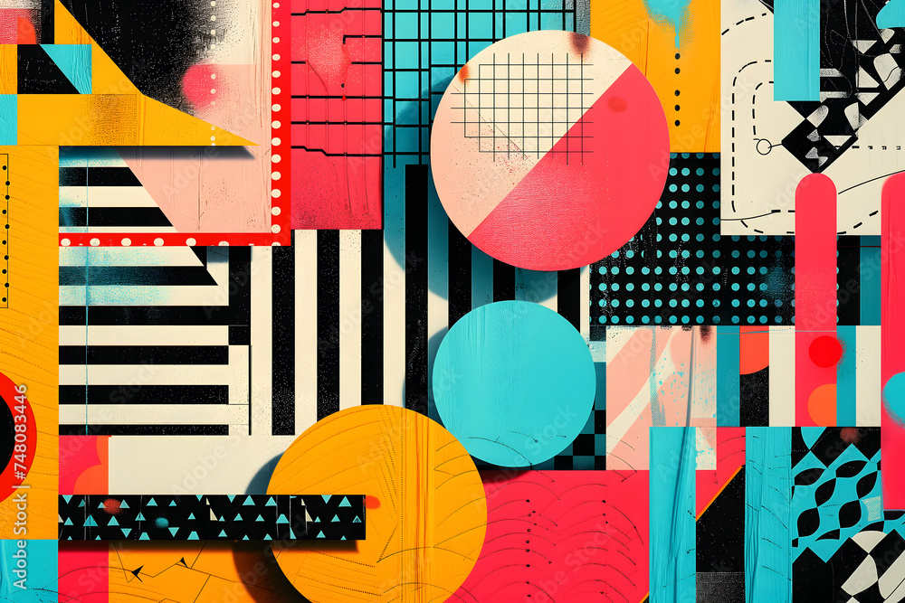 abstract background of playful convergence of 2D pop-art graphics and ...