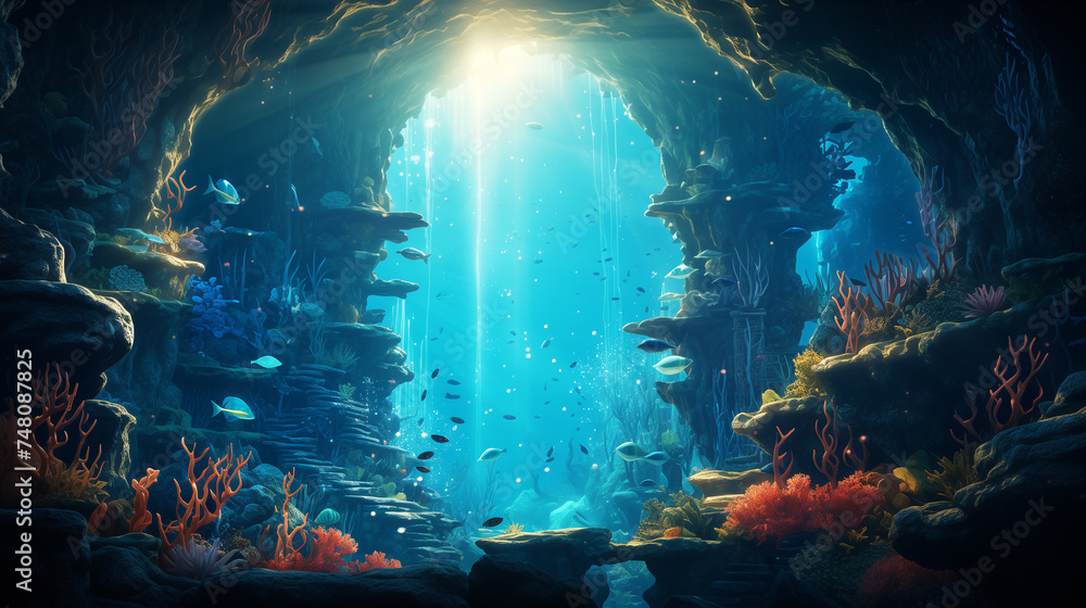 Mystical underwater scene with cave, coral reefs, fish and sun rays ...