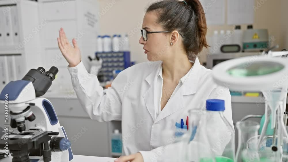 Clueless in the lab, young, beautiful hispanic woman scientist, arms ...