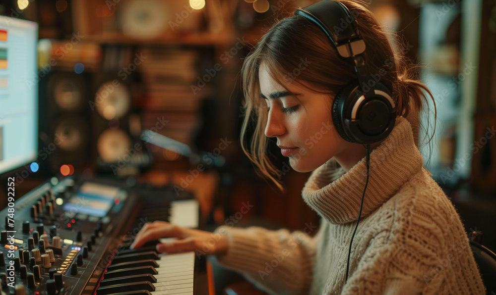 A young woman, rocking an electric keyboard, dons a headset, fully ...