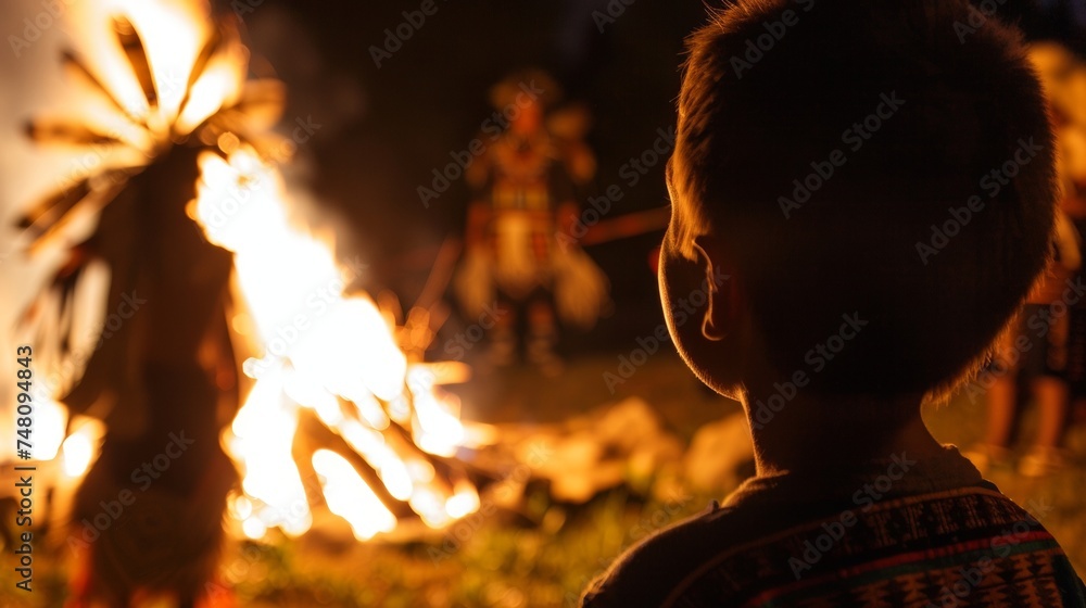 A young boy stands in awe as he watches a Native American tribe perform ...