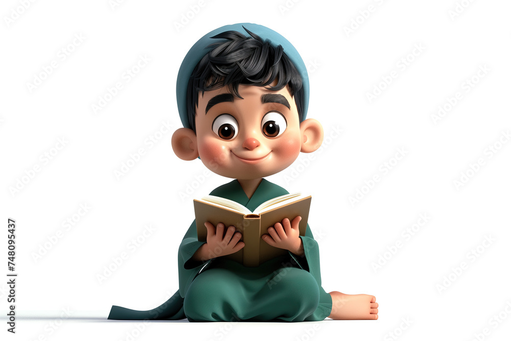 cartoon character young muslim man reading book isolated on white ...