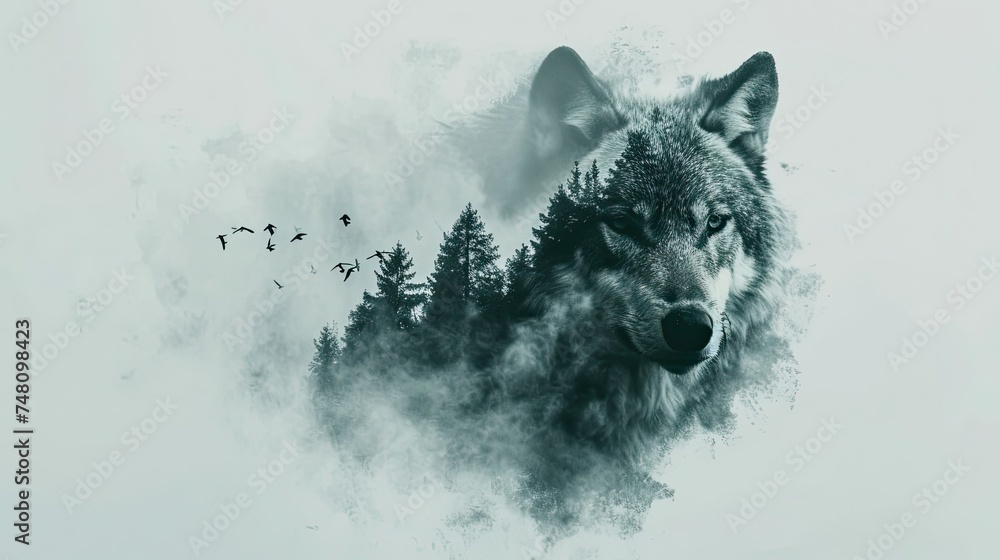 Silhouette of wolf in misty forest. Effect of overlapping frames ...