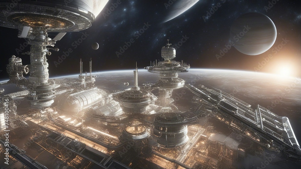spaceship and ufo space station being built in space, a giant planet in ...