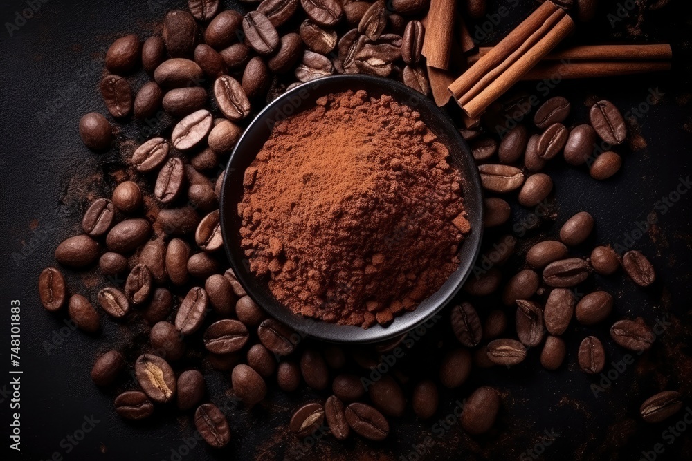 Texture of ground coffee. Coffee background. Roasted ground coffee and ...