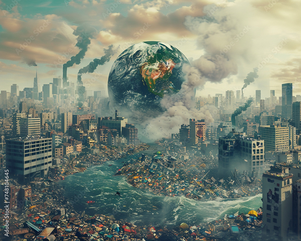 Conceptual scene of a world grappling with pollution and climate change ...