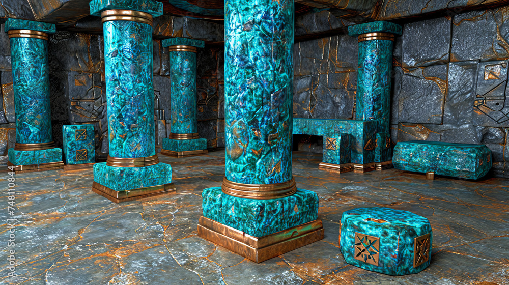 Alchemical labyrinth: ancient walls and columns covered with gold and ...