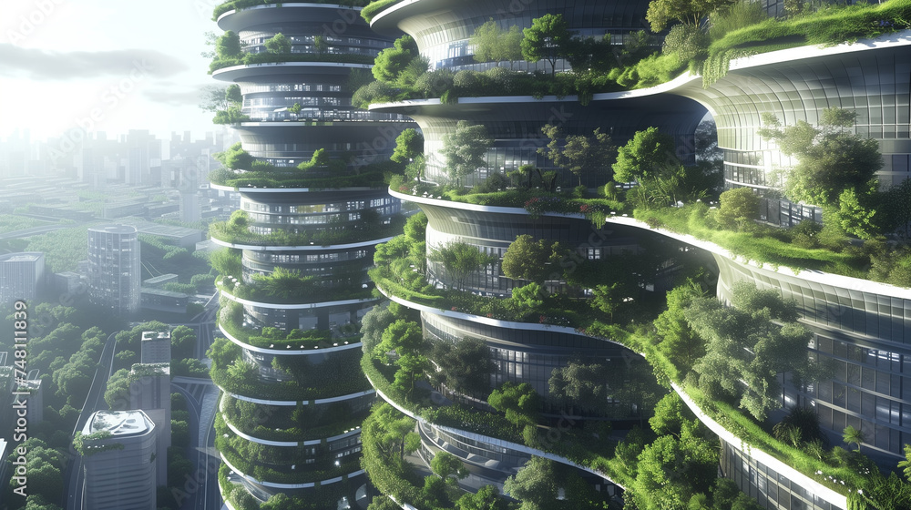 Futuristic green skyscrapers with abundant vertical gardens in an urban ...