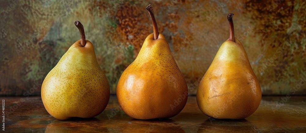 Three ripe and juicy pyramid-shaped pears are neatly arranged in a row ...