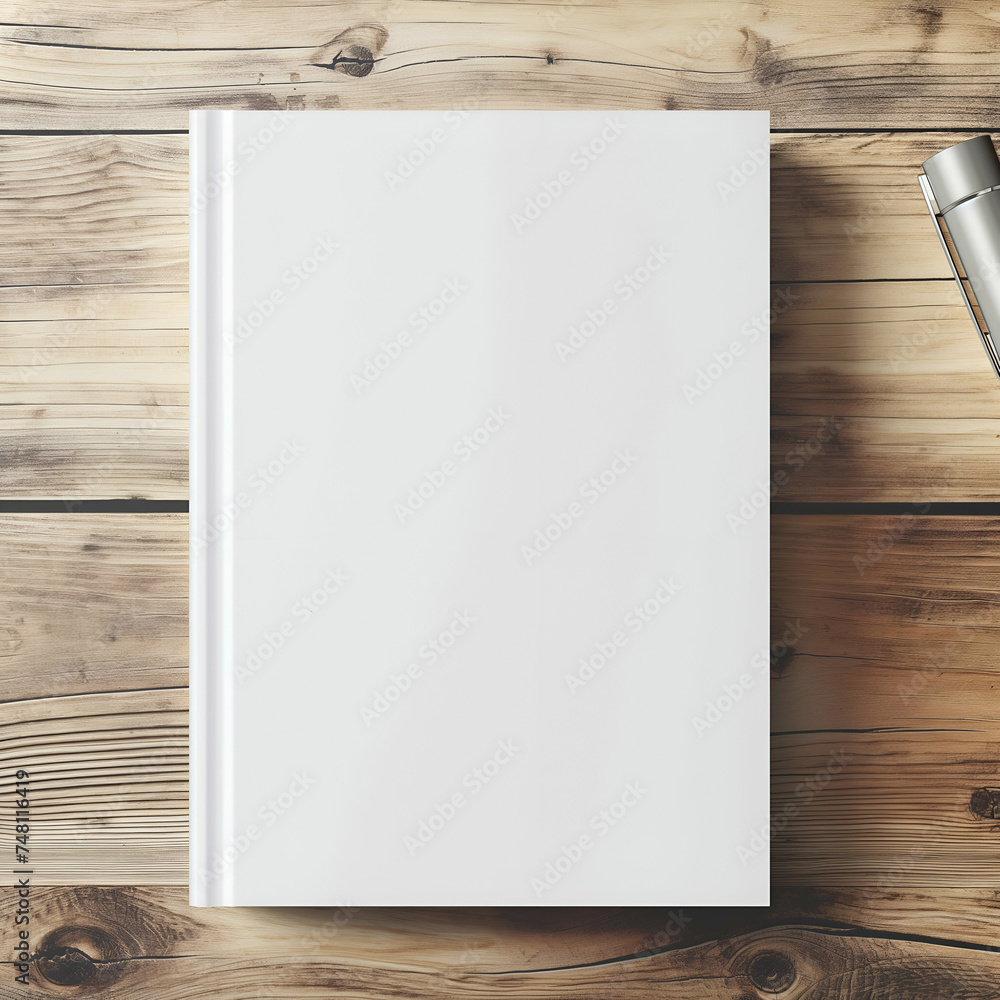 Hardcover mock up of top view empty book on wooden desk. Blank white ...