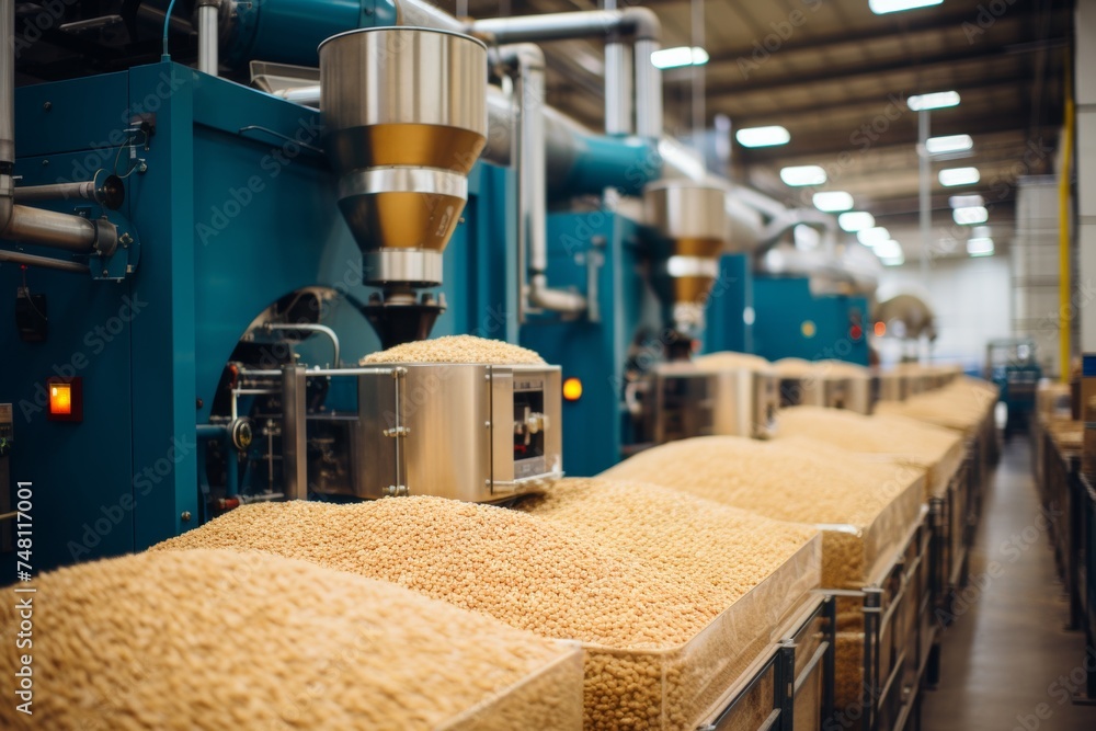 An immersive scene of a modern rice mill in operation, with machinery ...