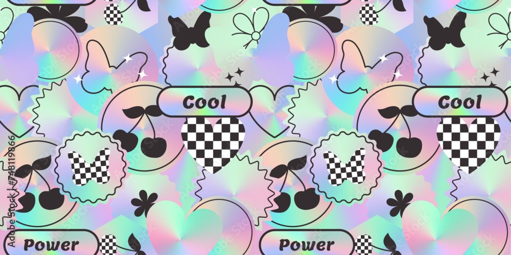 Holographic y2k seamless pattern with textured foil effect. 2000s icons ...