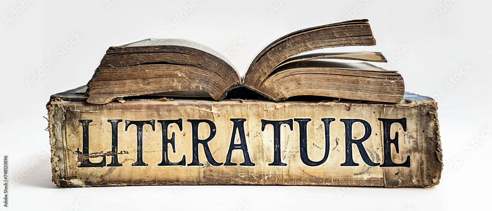 Old worn book displaying the word Literature in bold letters. The book ...