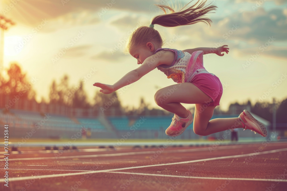 Little girl practicing long jump at athletics club at stadium Stock ...