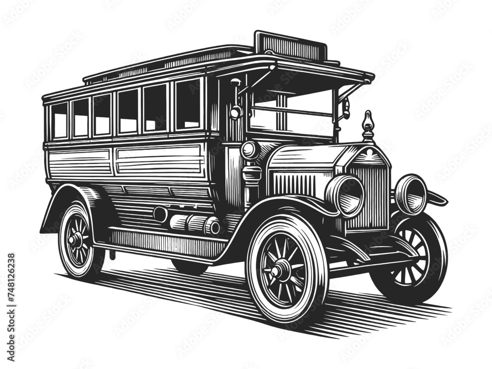Vetor de Black and white engraving of a classic vintage bus with ...