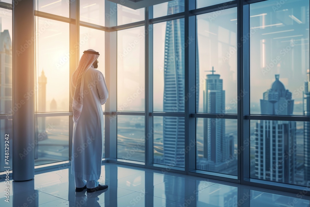 Successful Muslim businessman in traditional attire in modern office ...