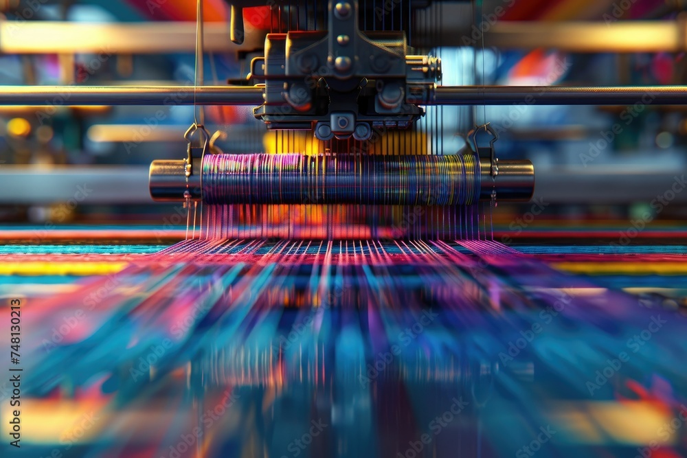 textile factory loom, its intricate machinery weaving threads of ...