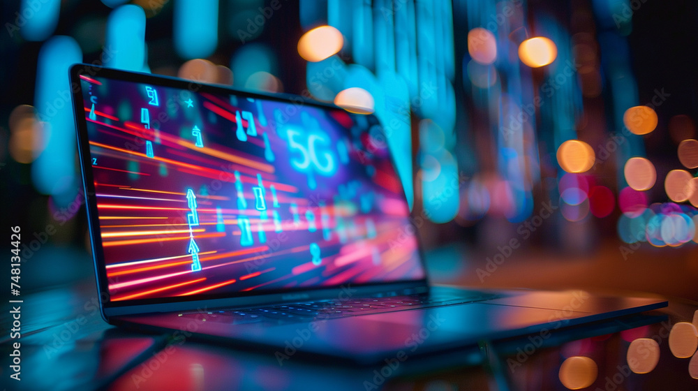 A laptop displaying a 5G speed test, with impressive download and ...