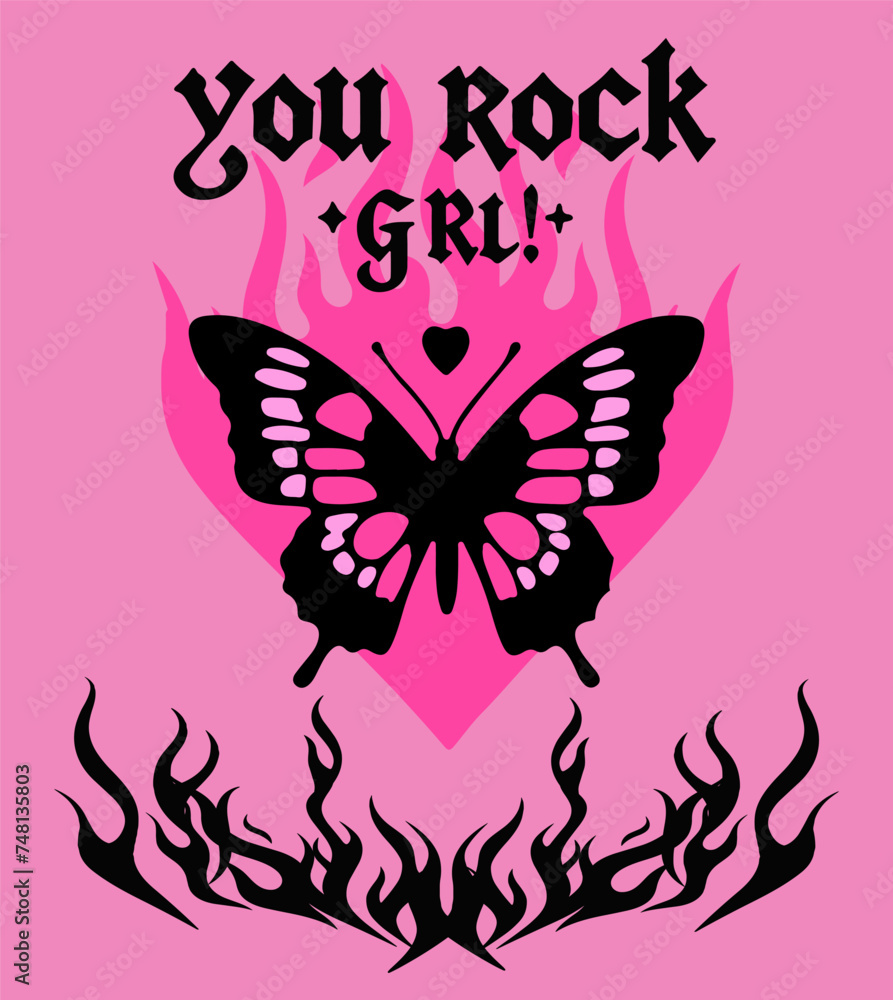Butterfly and flames on a pink background with a hand-drawn "you rock ...