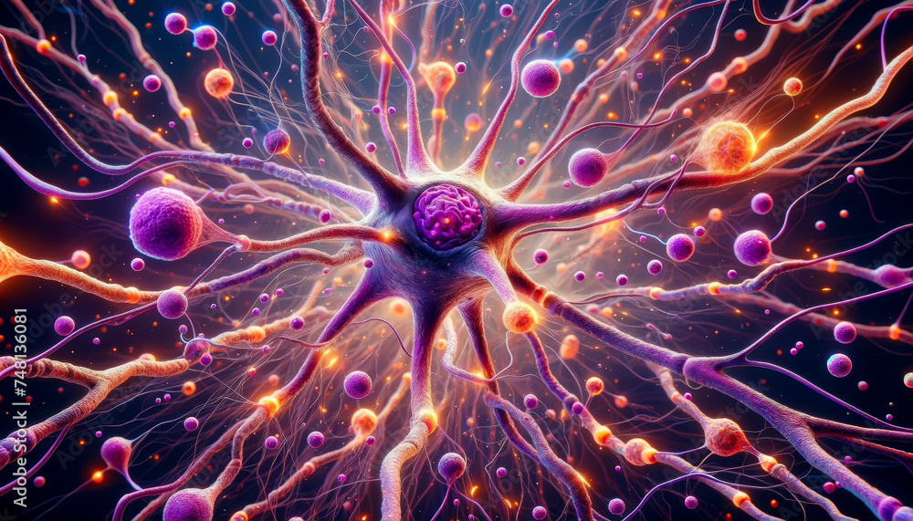 A colorful depiction of a neuron with extended dendrites surrounded by ...