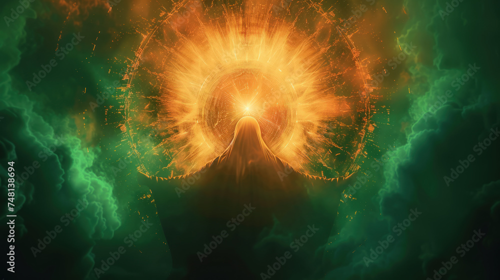 Orange colored light and green colored light in a radial burst of holy ...