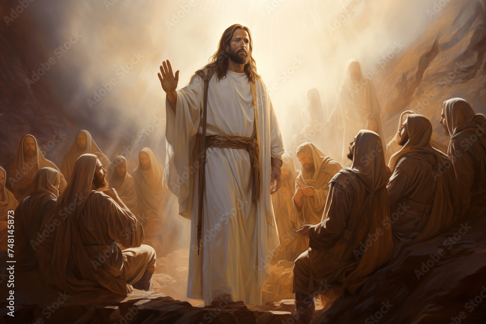 Painting of Jesus Christ together with the disciples and the crowd in ...