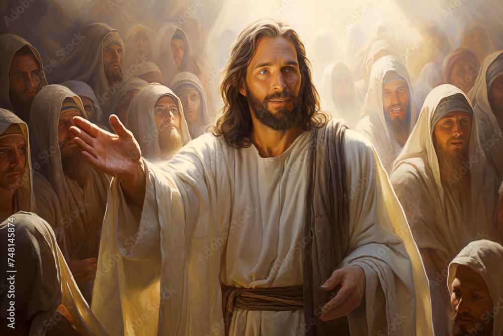 Painting of Jesus Christ together with the disciples and the crowd in ...