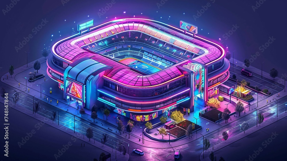 an isometric 3D smart stadium building with a highly technological ...