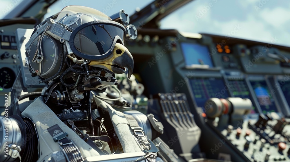 ภาพประกอบสต็อก A robot falcon with aviator goggles sits in the cockpit ...