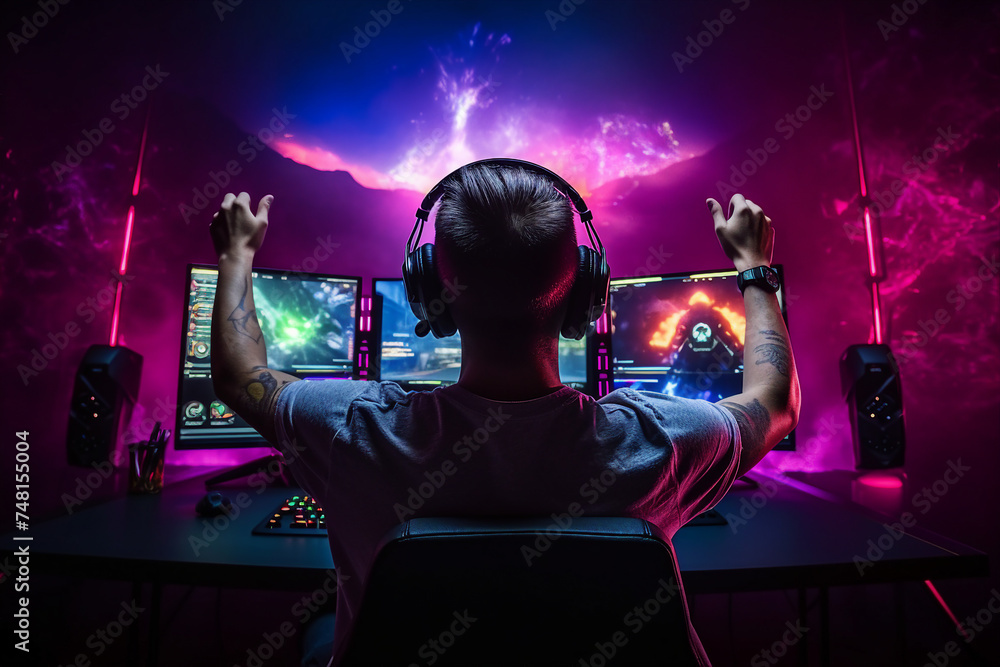 Professional esports player taking part in team competition gamer space ...