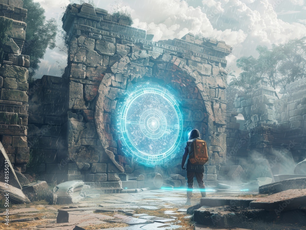 Amidst crumbling ancient ruins a time traveler consults a holographic ...