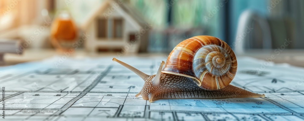 Architectural model home serving as a shell for a snail crossing an ...